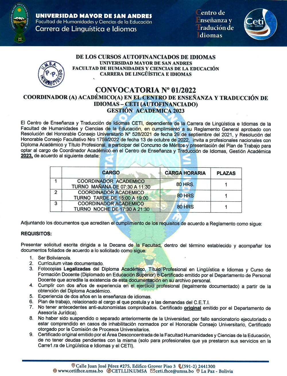CARRERA DE LINGÜÍSTICA E IDIOMAS CONVOCATORIA COORDINADOR (A) ACADÉMICO ...