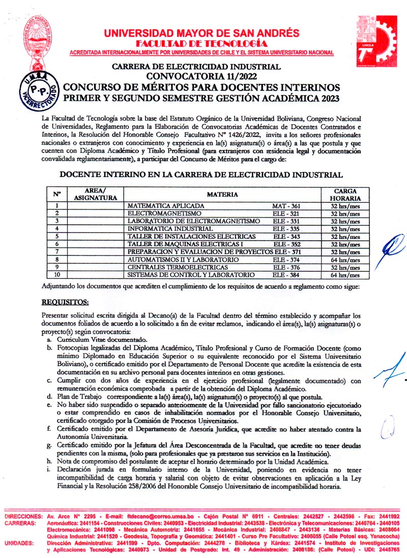 CARRERA DE ELECTRICIDAD INDUSTRIAL - CONVOCATORIA CONCURSO DE MÉRITOS ...