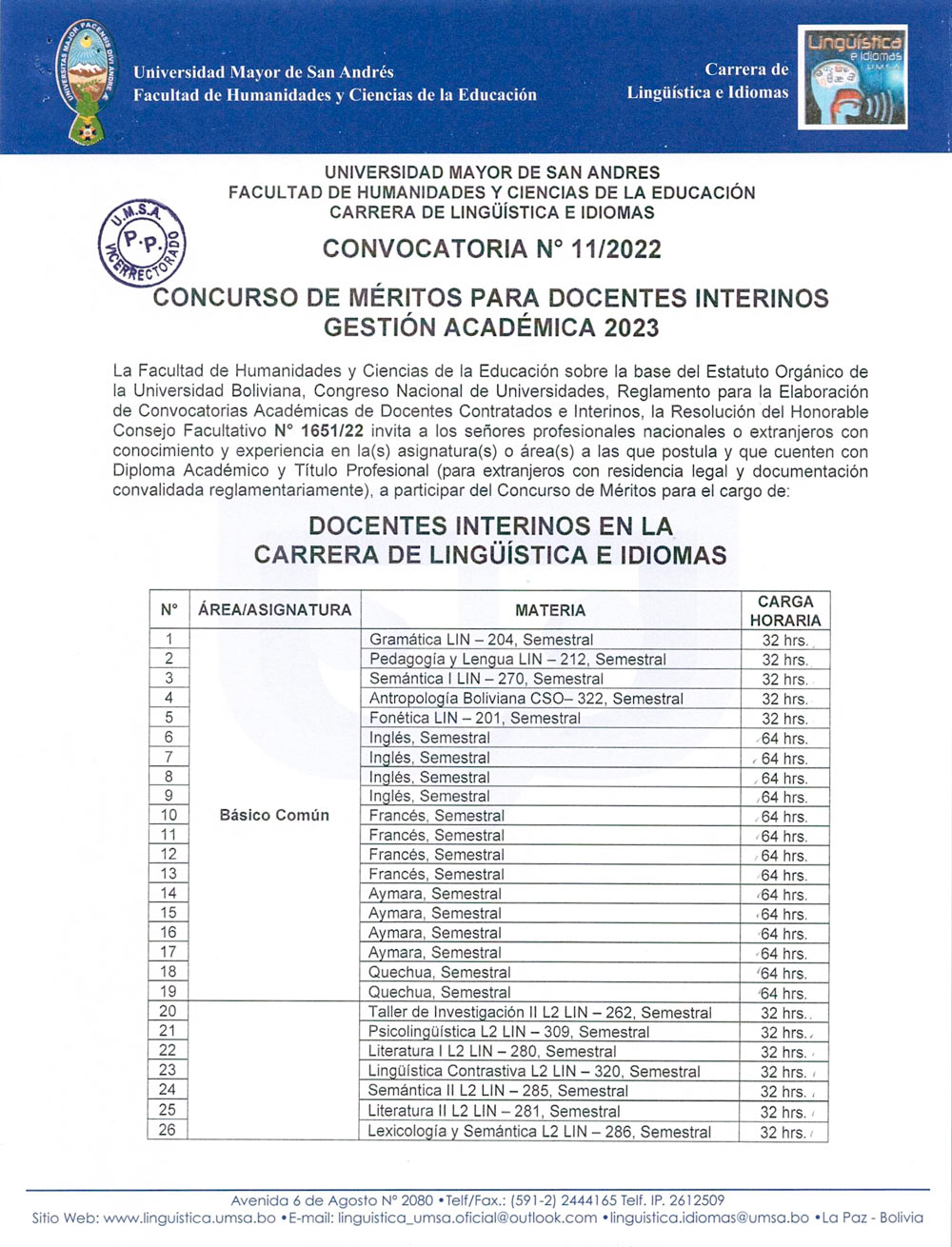 CARRERA DE LINGÜÍSTICA E IDIOMAS - CONVOCATORIA CONCURSO DE MÉRITOS ...
