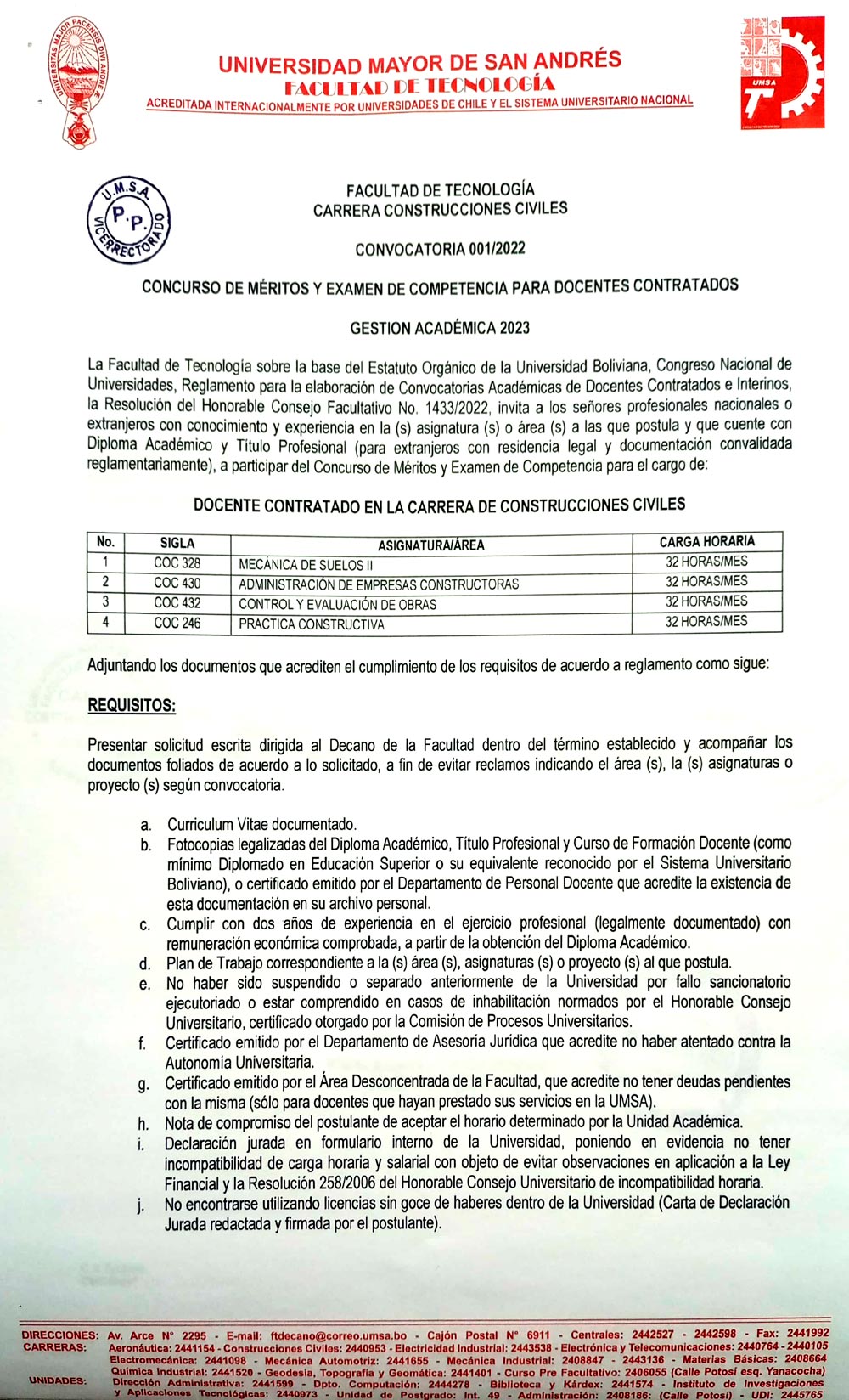 CARRERA CONSTRUCCIONES CIVILES - CONVOCATORIA CONCURSO DE MÉRITOS Y EXAMEN DE COMPETENCIA PARA ...
